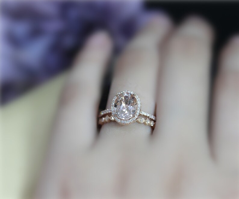 2 Rings Handmade Morganite Ring Set Engegement Ring Set 7x9mm | Etsy