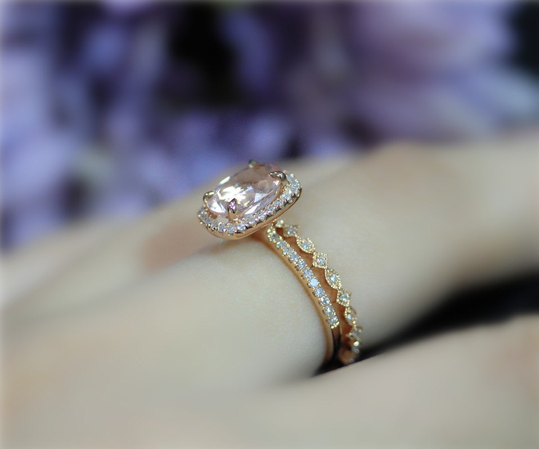 2 RINGS Handmade Morganite Ring Set! Engegement Ring Set 7x9mm Natural ...