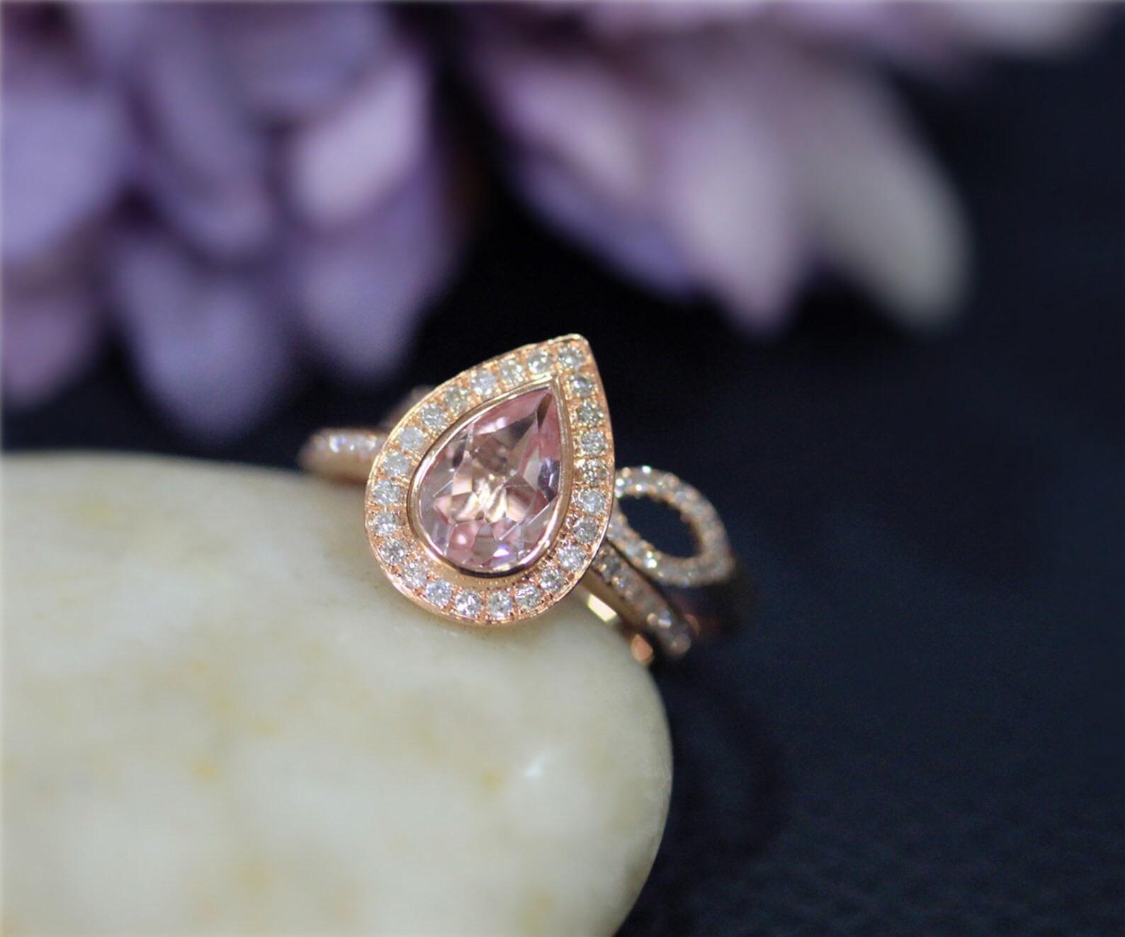 Pink Drop ! Pear Halo Diamond Ring Set! Natural Morganite Engegement ...
