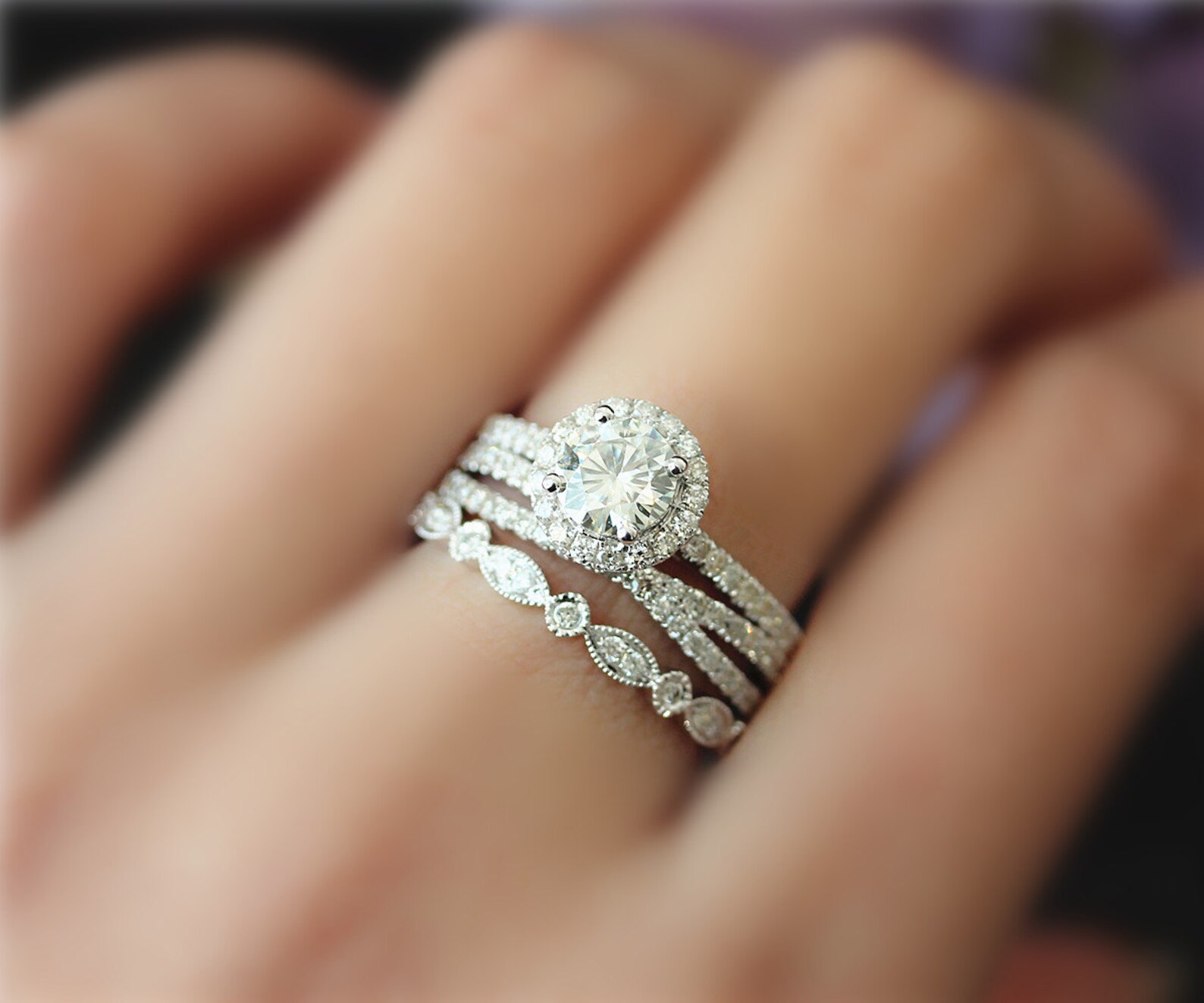 Perfect 3 Rings Set! Charles & Colvard Round Moissanite Ring Set ...
