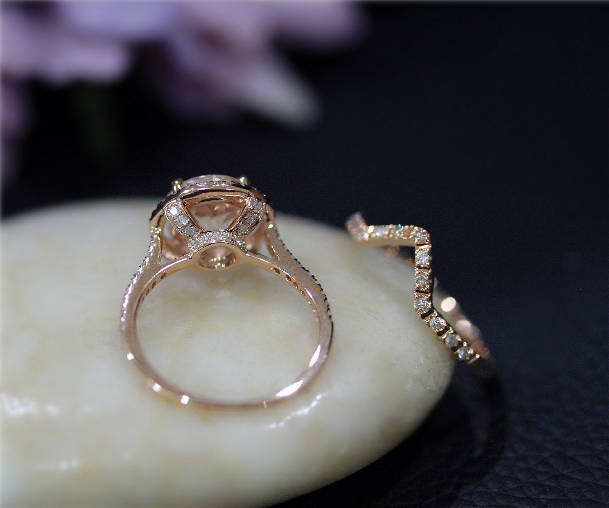 2.3ct Gem Diamonds and Round Morganite Ring Set Handmade Solid 14K Rose Gold Ring Set Wedding ...