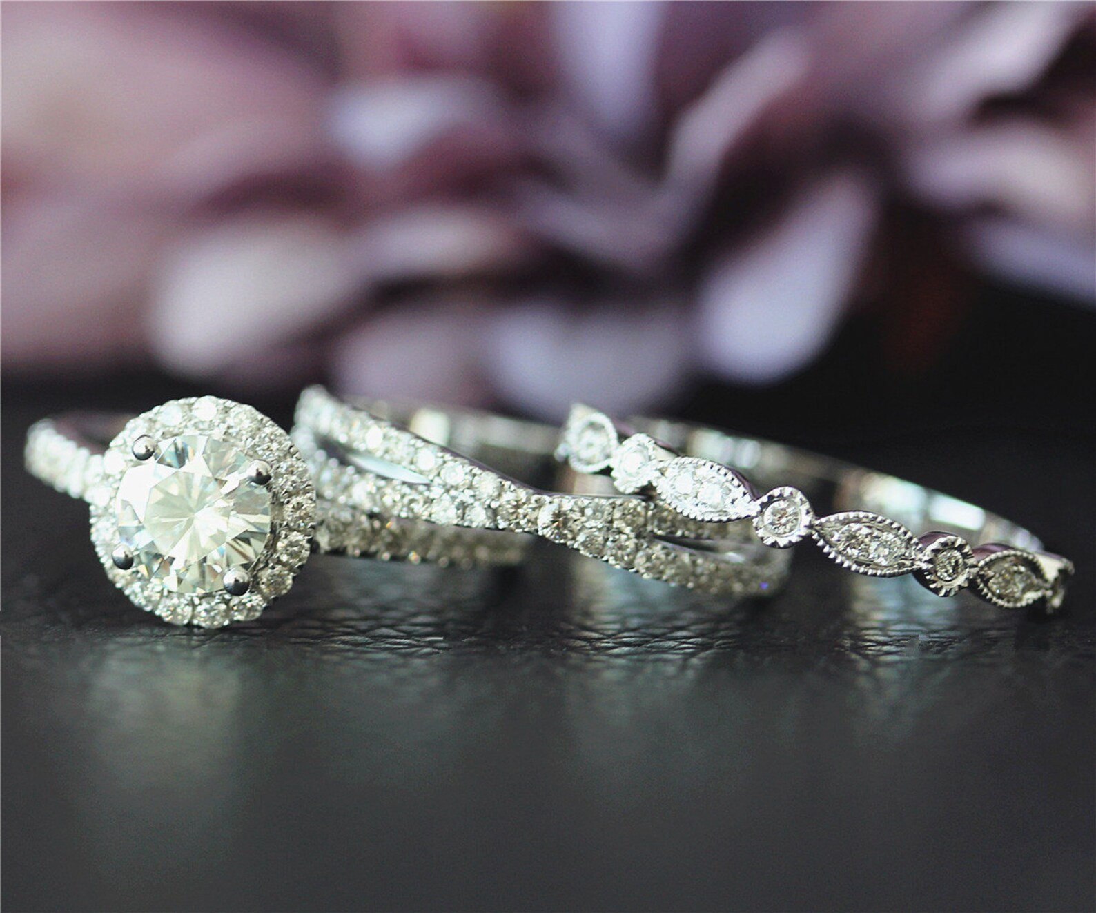 Perfect 3 Rings Set! Charles & Colvard Round Moissanite Ring Set ...