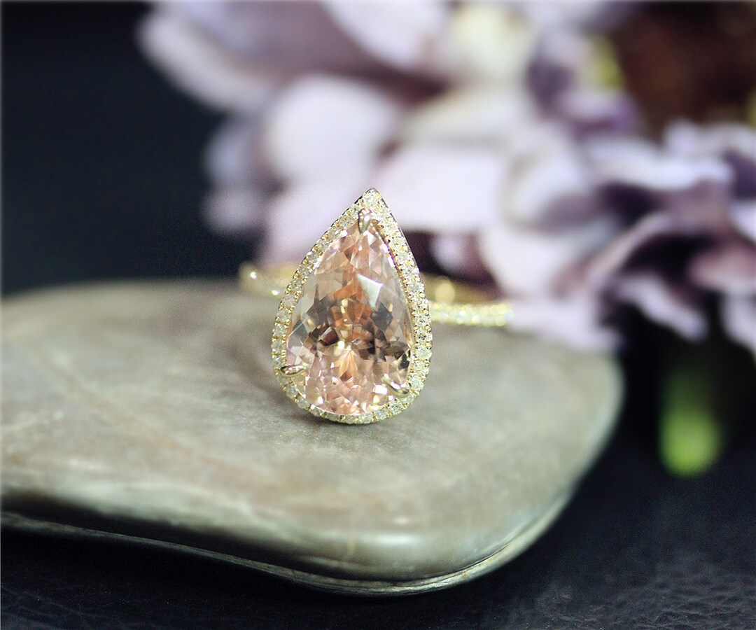 Larger Stone 3ctw Pear Shaped Natural Pink Morganite Ring Solid 14K ...