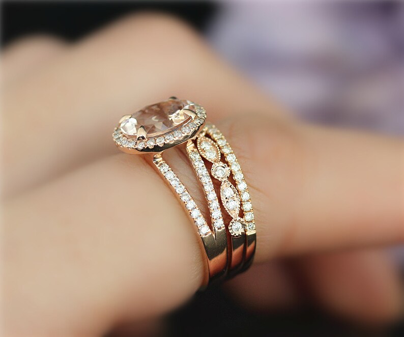 3 Rings! Handmade Set 7x9mm Oval Cut Natural VS Morganite Ring Set ...