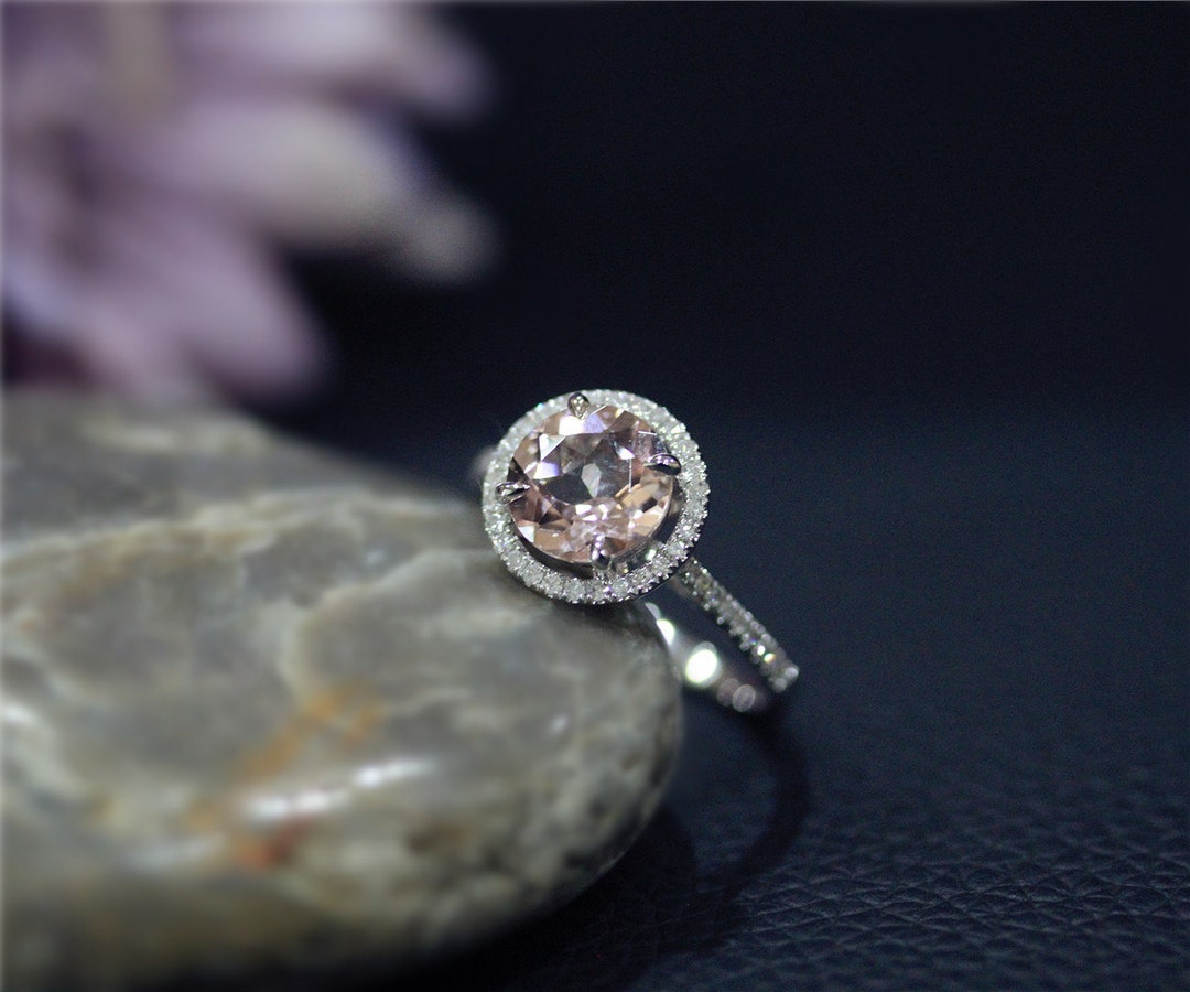 8mm Round Natural VS Pink Morganite Ring Solid 14K White Gold Ring ...