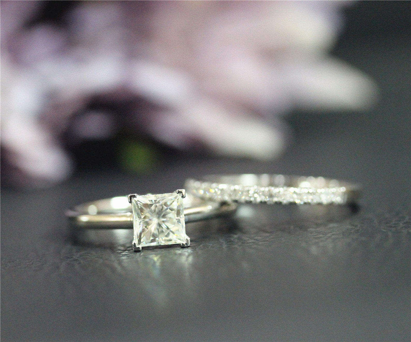 1ct Engagement Ring Set Charles & Colvard Princess Cut Moissanite Ring ...