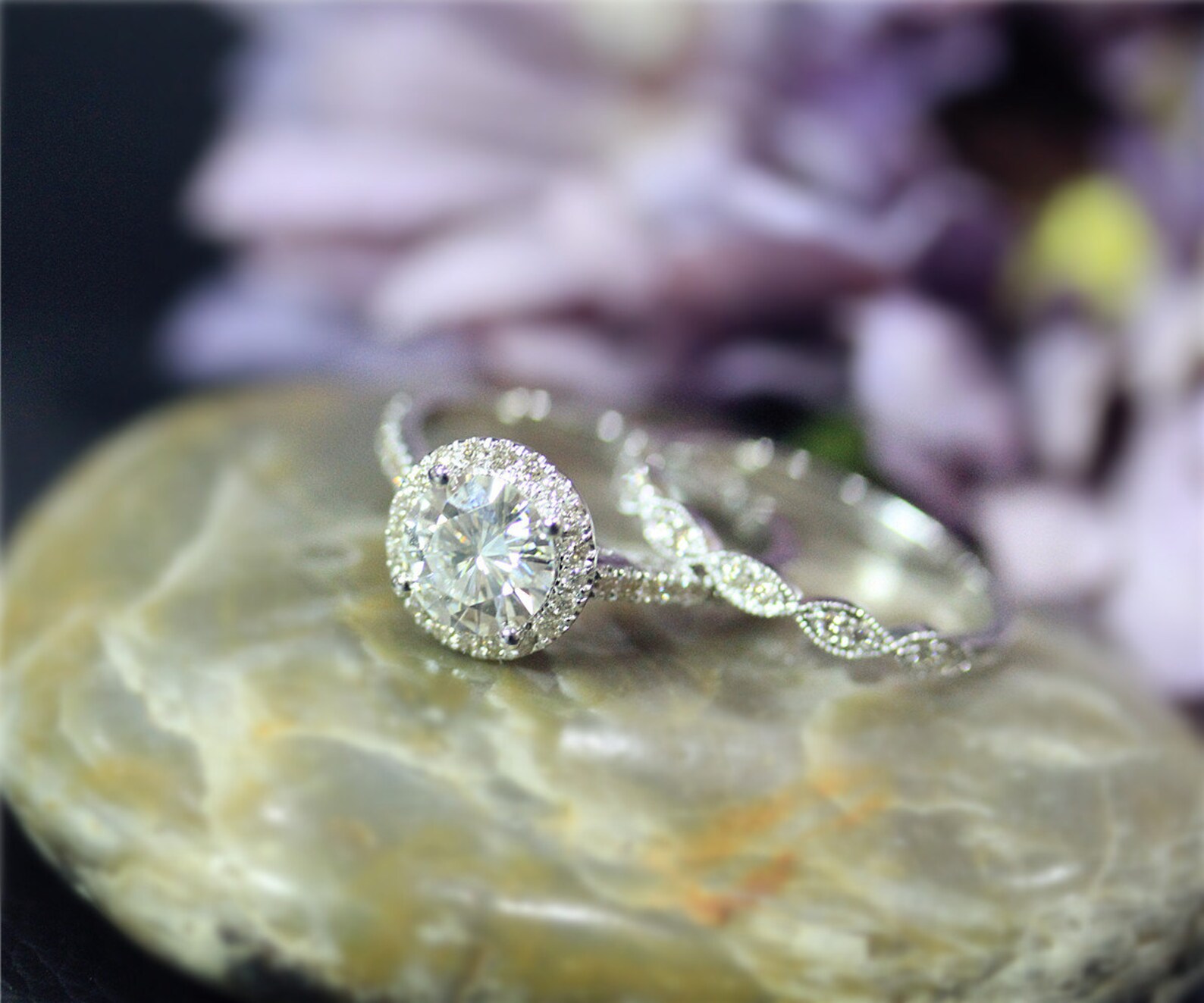 7mm Charles & Colvard Round Moissanite Ring Set Diamond Accent - Etsy