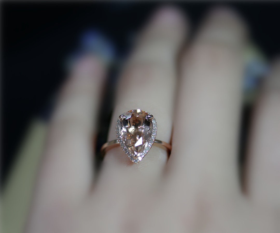 Engagement Ring 3ctw Pear Shaped Natural Pink Morganite Ring Solid 14K ...
