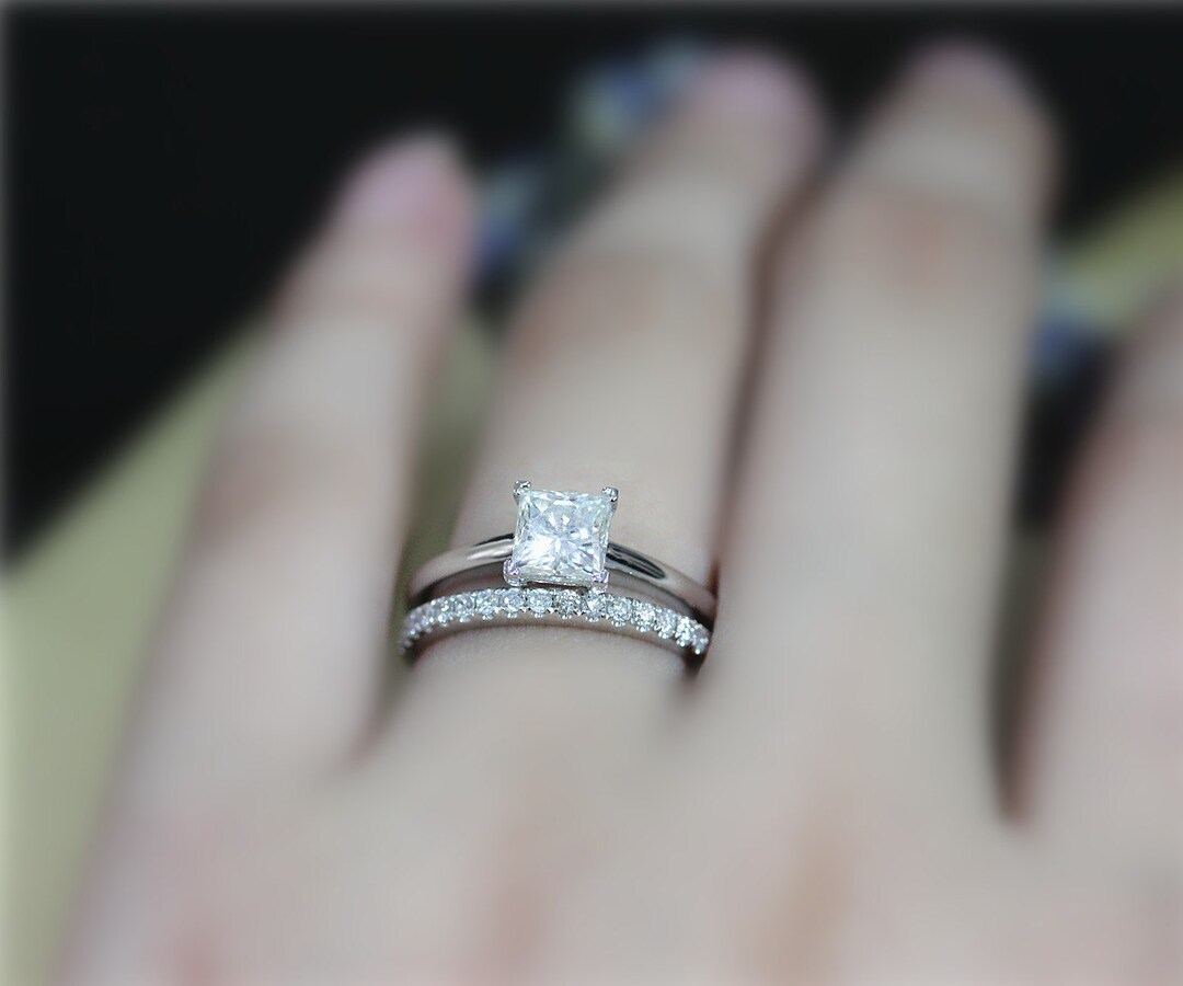 1ct Engagement Ring Set Charles & Colvard Princess Cut Moissanite Ring ...