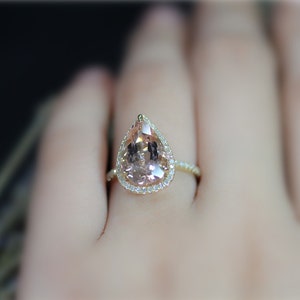 Larger Stone 3ctw Pear Shaped Natural Pink Morganite Ring Solid 14K ...