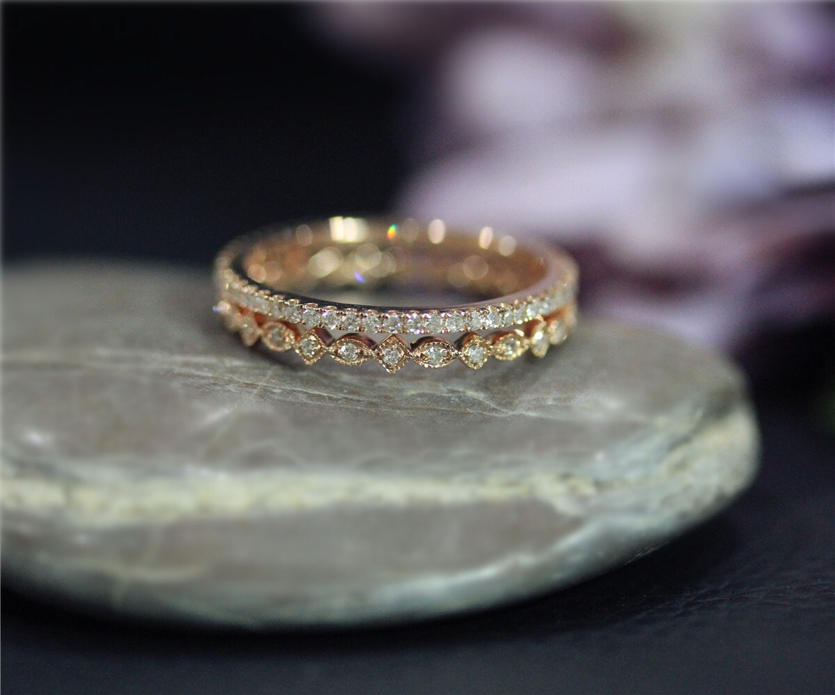 Rose Gold Diamond Wedding Ring Set Solid 14K Gold Ring Set | Etsy