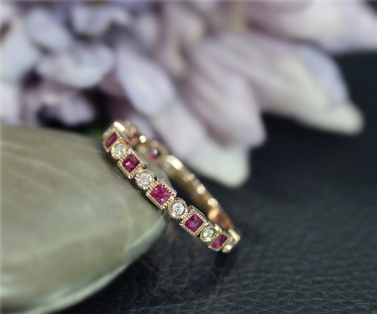 Natural Diamond & Natural Red Ruby Wedding Ring 3/4 Eternity - Etsy