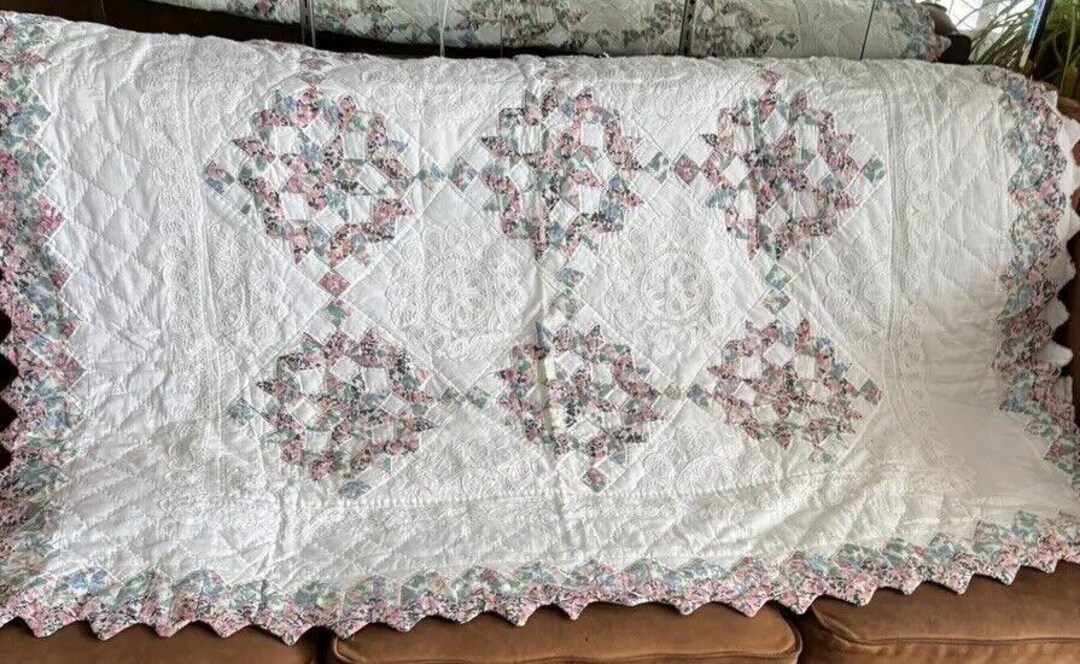 Vtg 80s Handmade Battenburg Lace Star Pastel Calico Patchwork ...