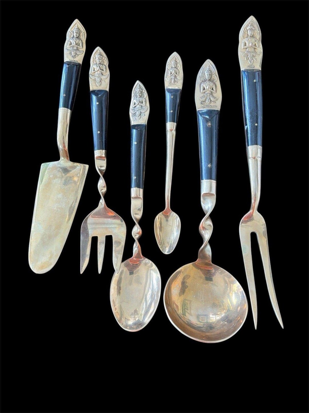 6 Vtg Brass & Teak Wood Thai Siam Buddha Etched Silverware Forks, Ladle ...
