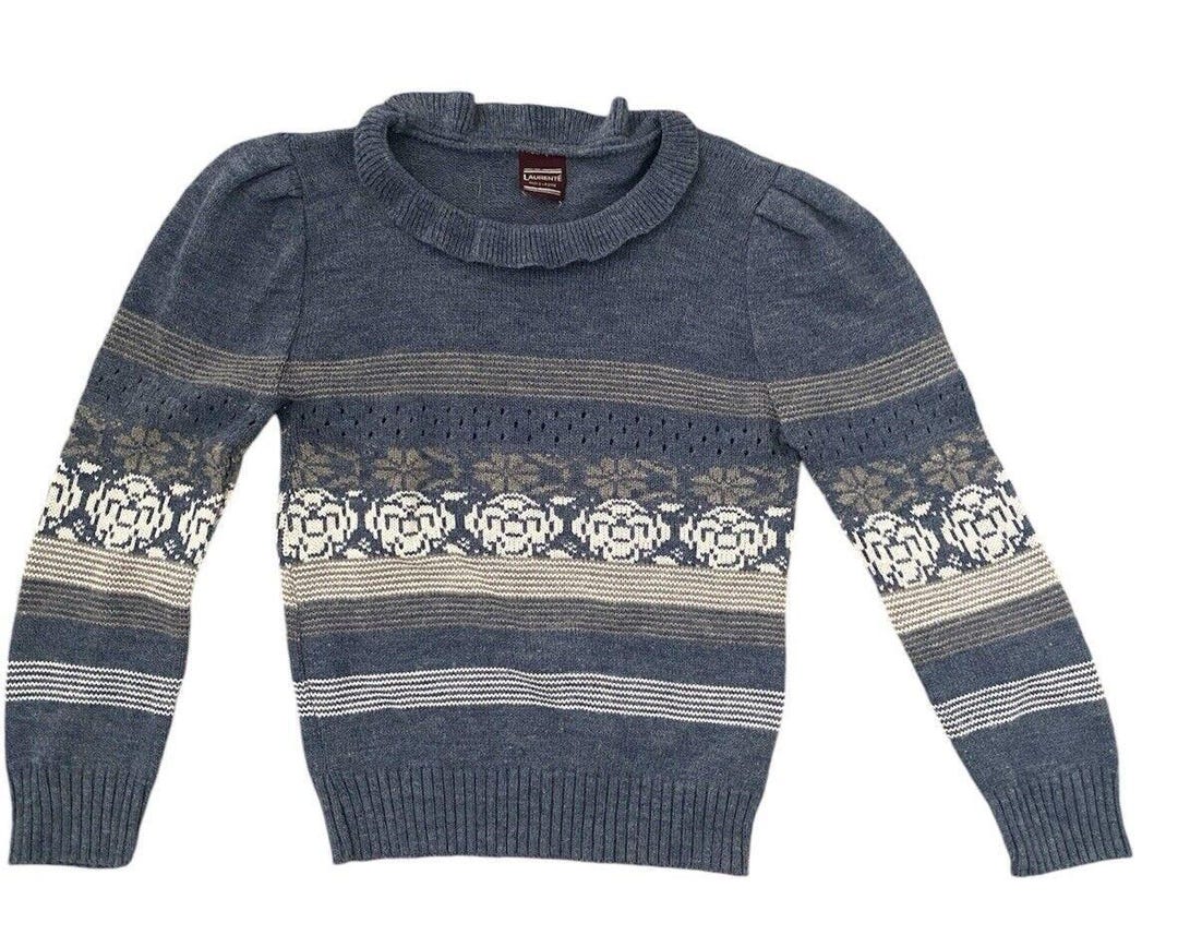 Vintage Cottagecore Puff Sleeve Wool Blend Fair Isle Ruffle Neck Blue ...