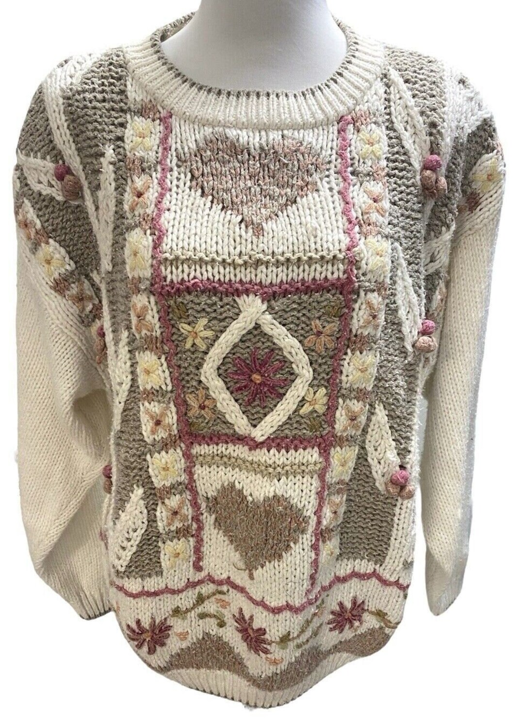 Vintage 90s Granny Square Grandma Core Hand Knit Sweater Flowers and ...