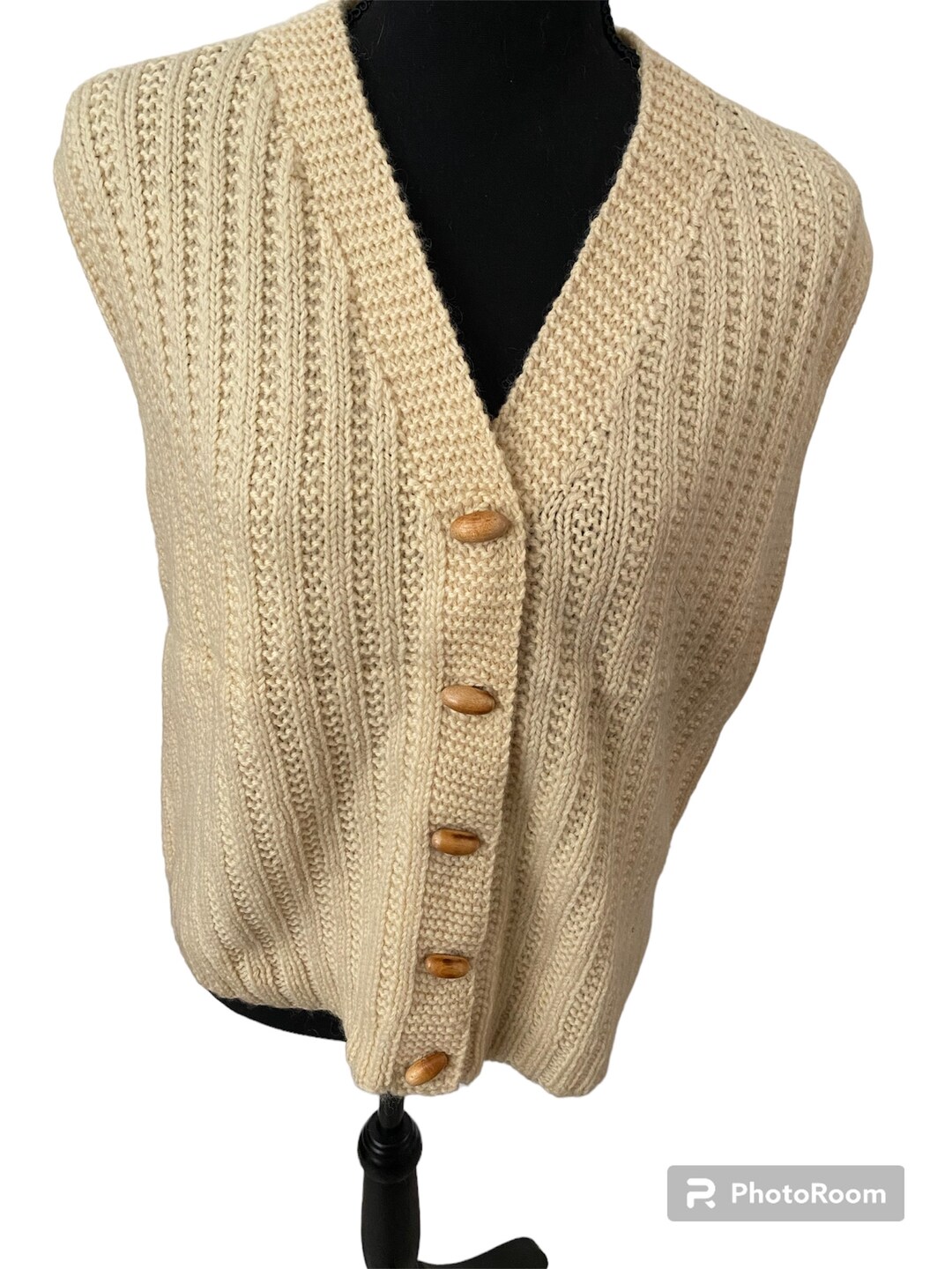 Vintage Grandpa Core Hand Knit Ecru Chunky Wool Wood Button Sweater ...