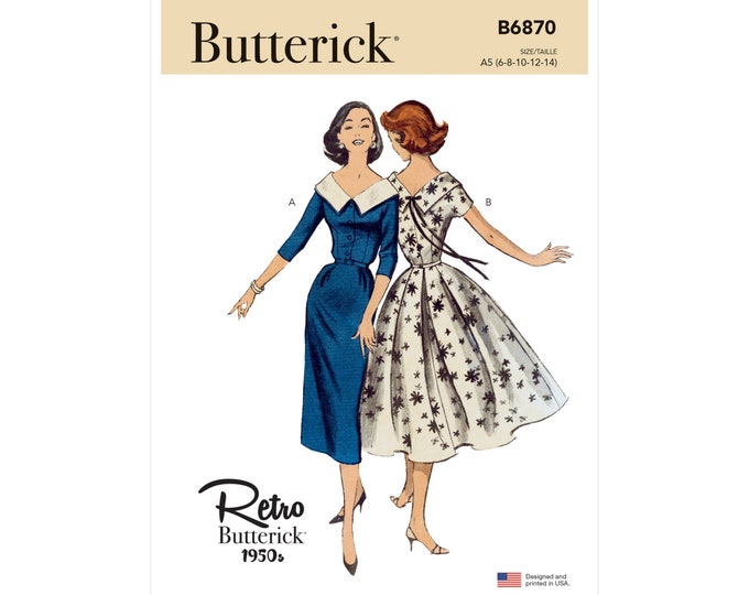 B6870 Sewing Pattern Vintage 1950s Design Unlined Dresses Butterick ...