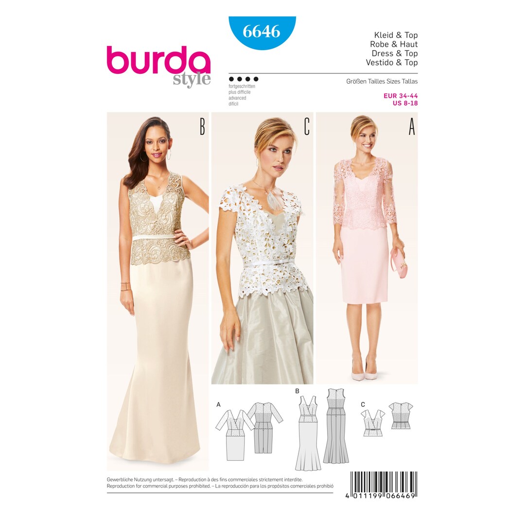 Burda Style Sewing Pattern Dress Evening Dresses With Lace Top No. 6646 ...