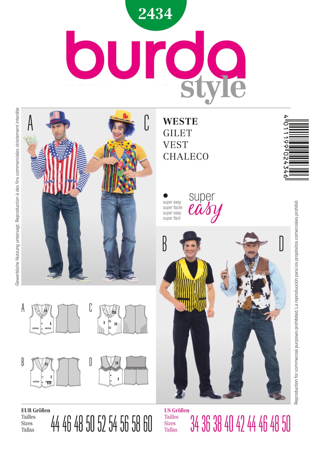 Burda Style Sewing Pattern - Costume - Vest - Clown, Cowboy, Waiter ...