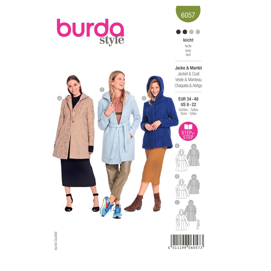 Burda Style Pattern No. 6057 Coat Jacket With Dividing Seams and Hood ...