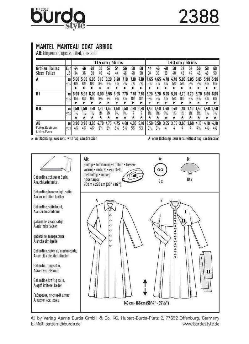 Burda Style Sewing Pattern - Costume - Coat, Frock - No.2388 - Etsy
