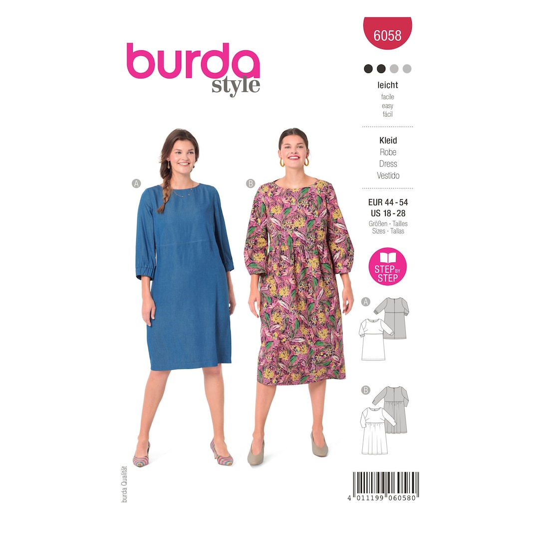 Burda Style Sewing Pattern No. 6058 Dress Loose Fall 3/4 Long Sleeves ...