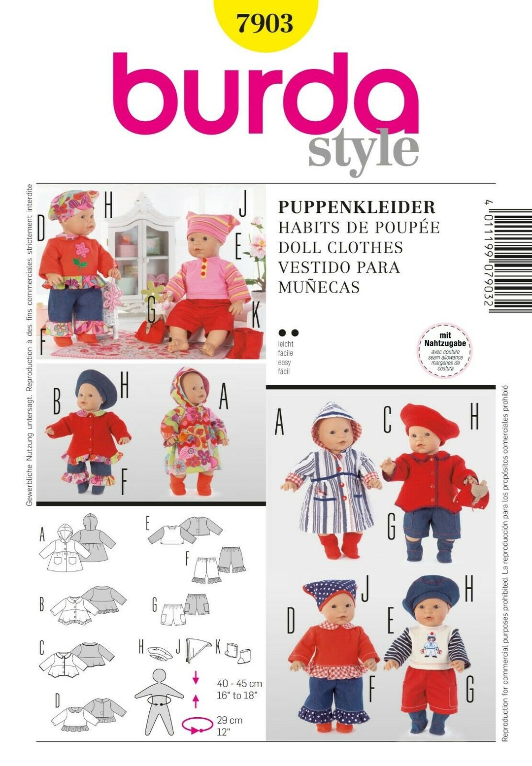 Burda Style Sewing Pattern - Doll Clothes - 3 Different Sets - No. 7903 ...