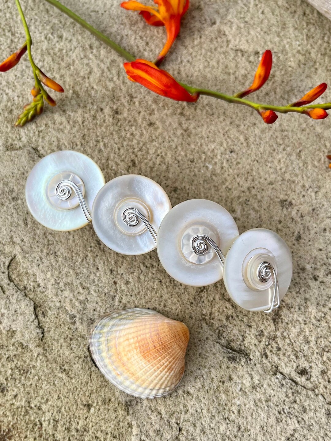 Vintage Carved Mother of Pearl Button Hair Clip Slide Large 80mm French ...