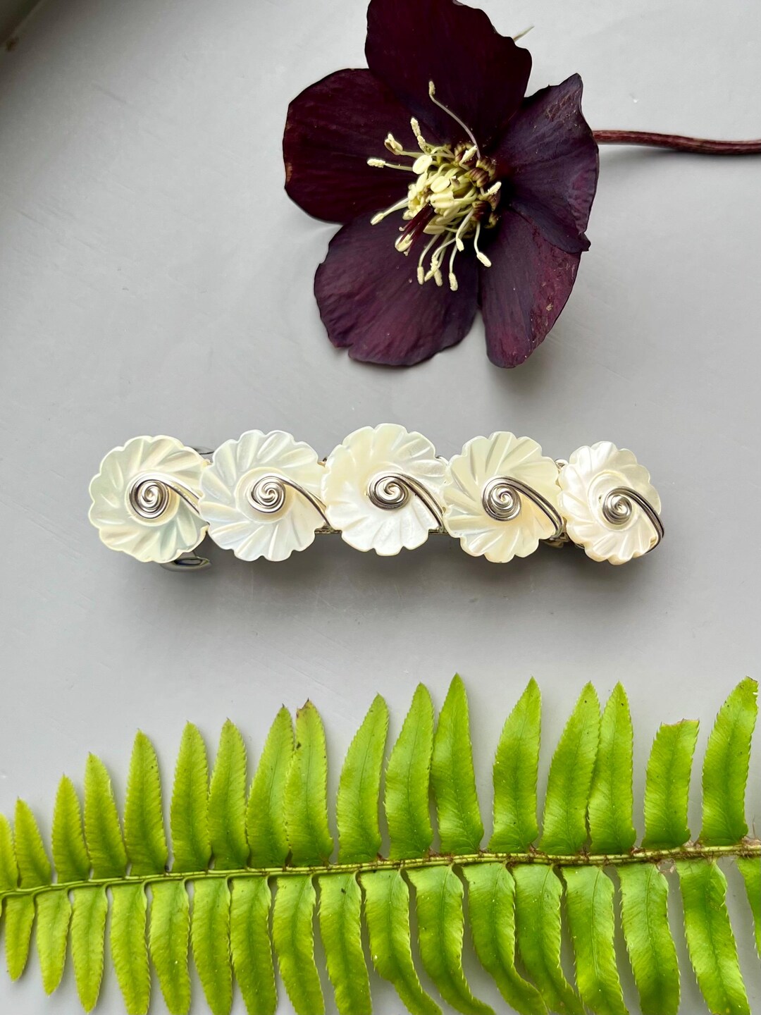 Vintage Mother of Pearl Barrette - Silver Wirework Hair Clip Large 8cm ...