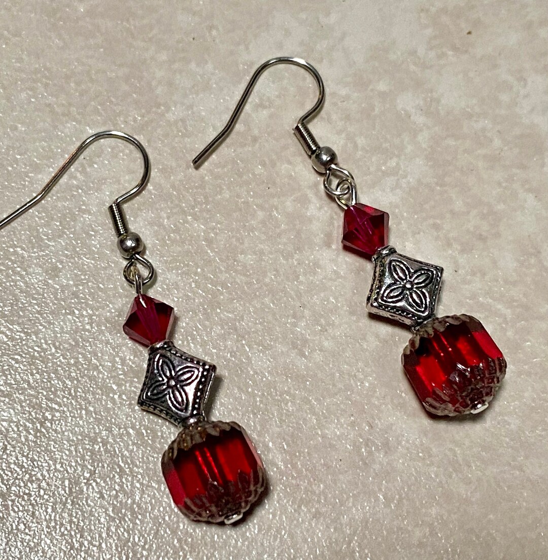Red Celtic Crystal Earrings, Cathedral Beads, Small Red Silver Earrings ...