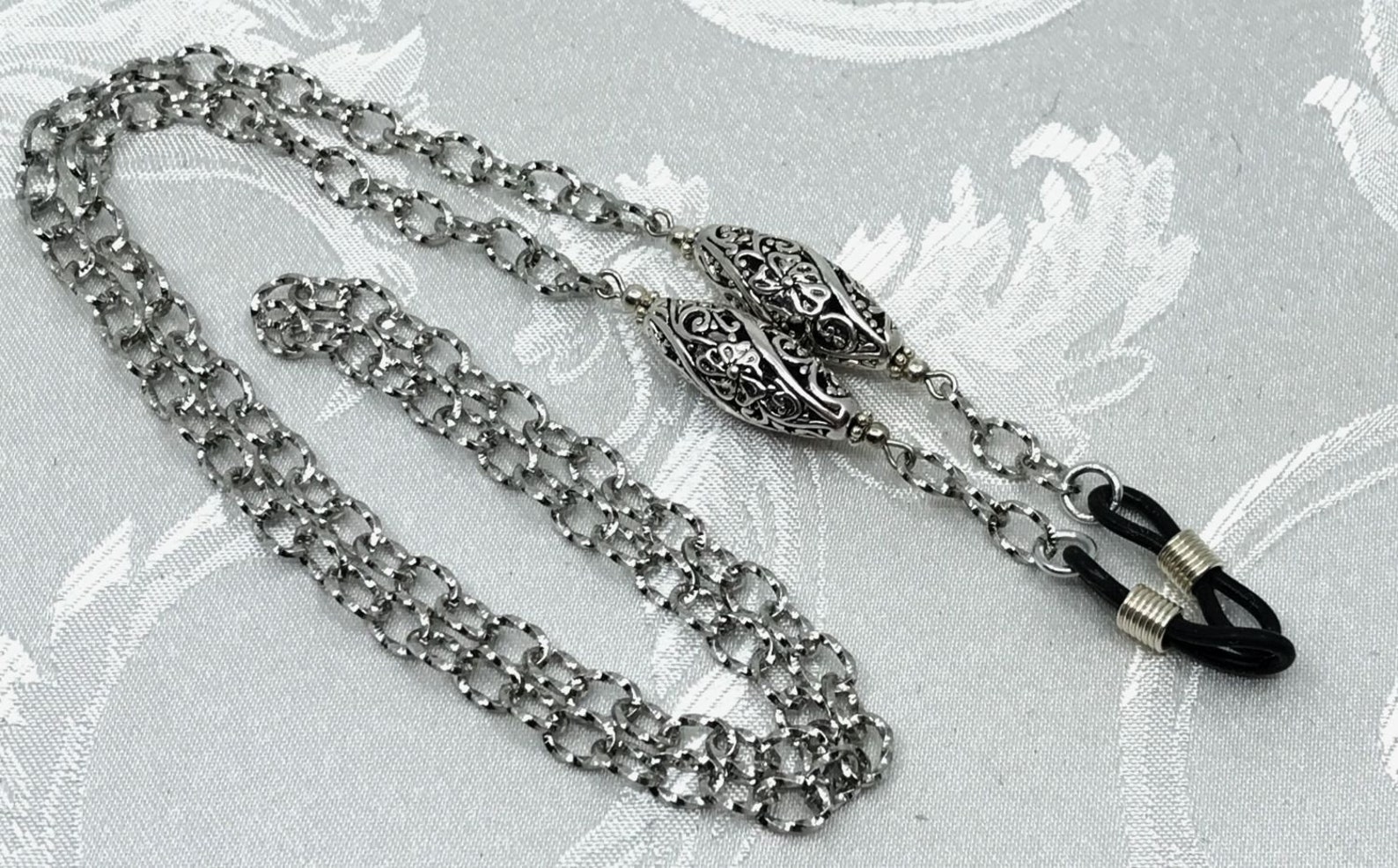 Silver Eyeglass Chain With Oval Filigree Beads, Reading Glasses Holder ...