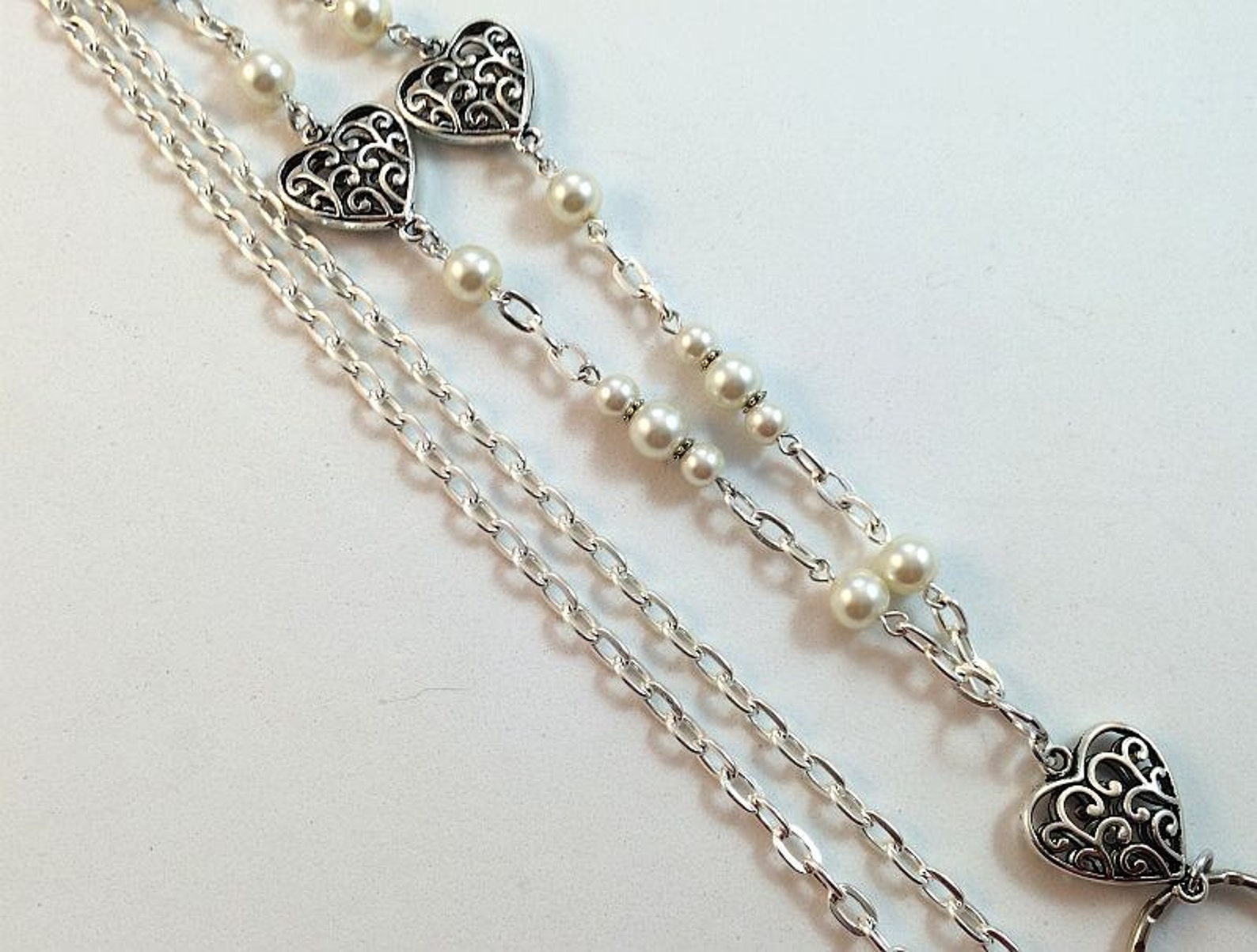 Silver Hearts Lanyard Silver Chain Lanyard Cream Beaded | Etsy