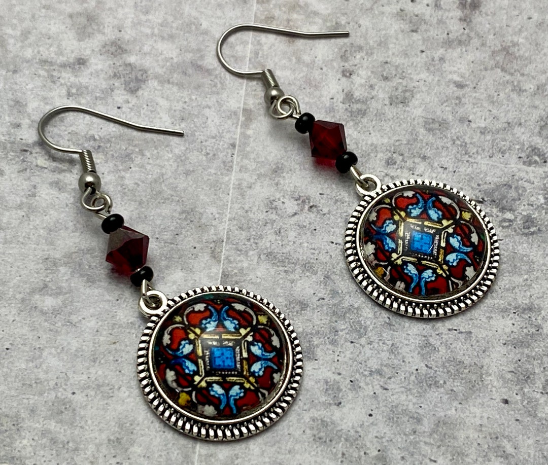 Stained Glass Window Earrings, Glass Art Cabochon Earrings, Boho Dangle ...