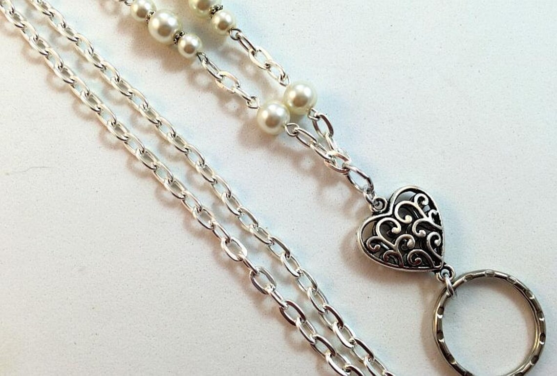 Silver Hearts Lanyard Silver Chain Lanyard Cream Beaded - Etsy