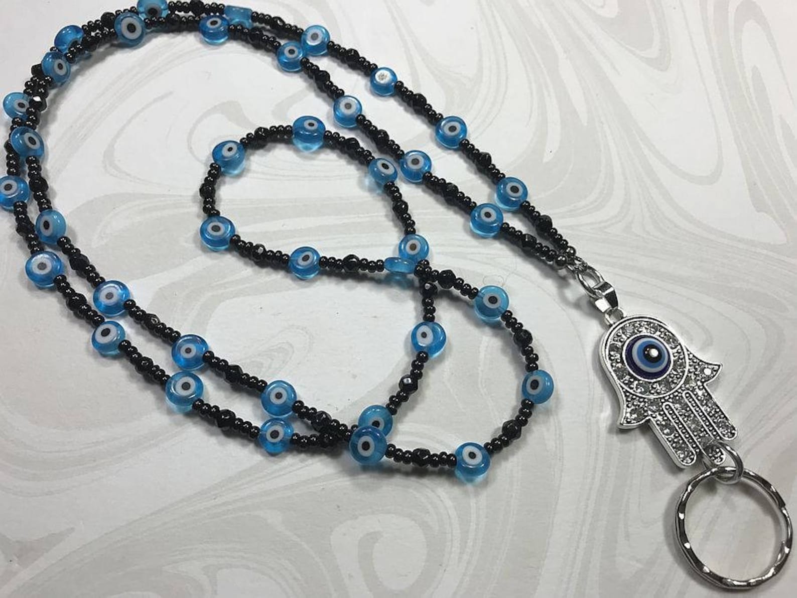 Evil Eye Lanyard, Hamsa Pendant Lanyard, Blue Lanyard, Beaded Badge ...