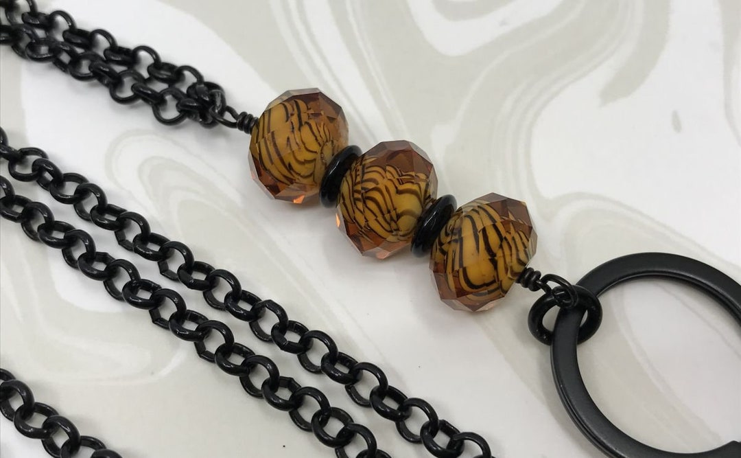 Tiger Stripe Black Chain Lanyard, Beaded Badge ID Holder, Breakaway ...