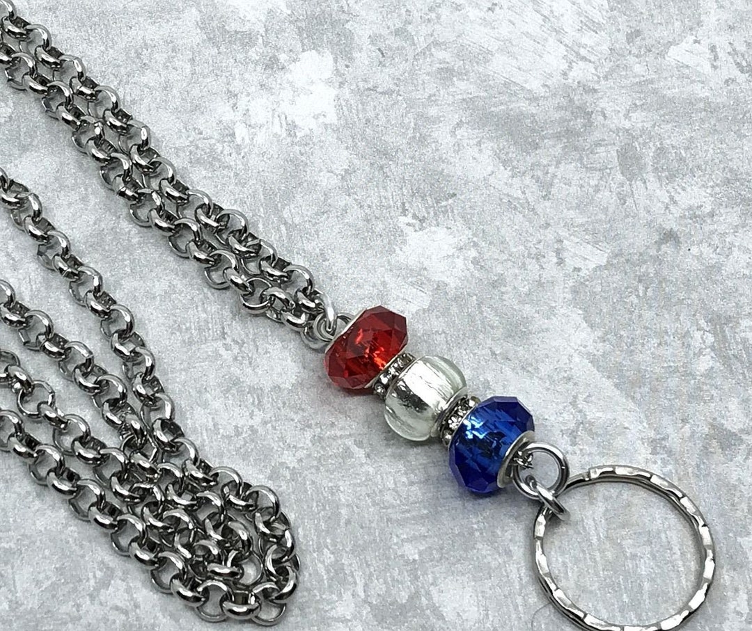 Red White & Blue Chain Lanyard, Patriotic Silver Chain Beaded ID Badge ...