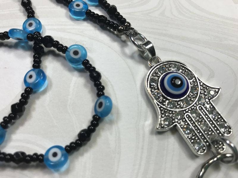 Evil Eye Lanyard, Hamsa Pendant Lanyard, Blue Lanyard, Beaded Badge ...