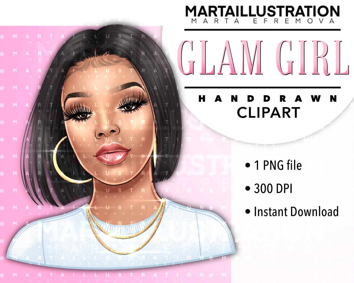 GLAM GIRL CLIPART, Cartoon, Illustration, Girl Art, Girl With Bob, Logo ...