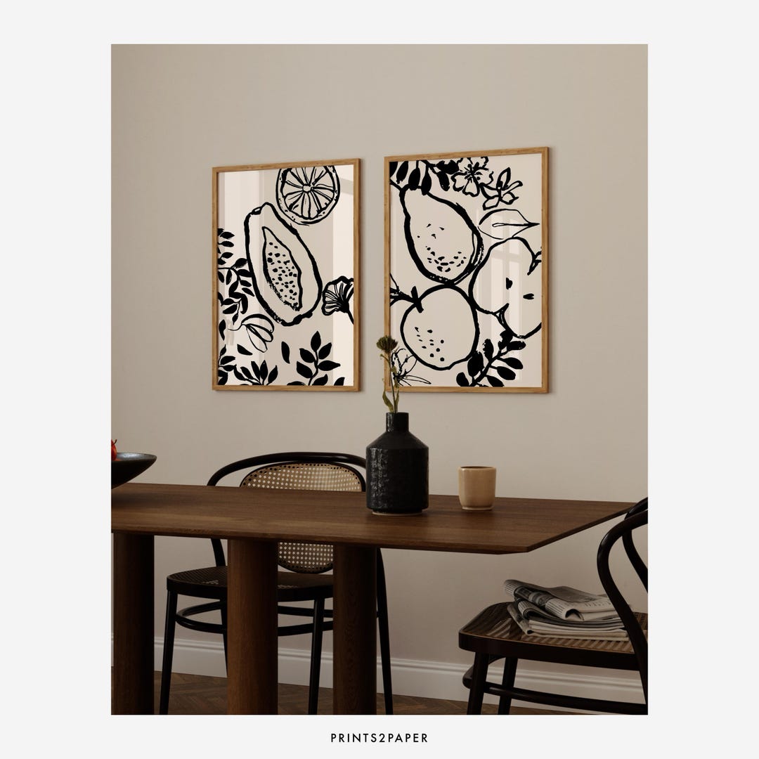 Fruit Print Set of 2 | Neutral Kitchen Aesthetic | Beige and Black Fruit Sketches | Trendy ...