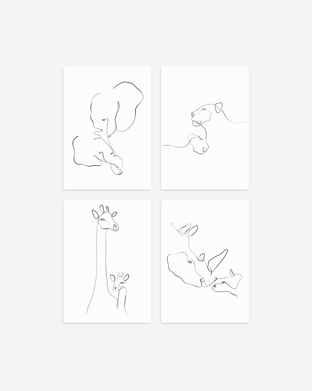 Minimalist African Animal Line Art Set Giraffe, Rhino, Lion and ...