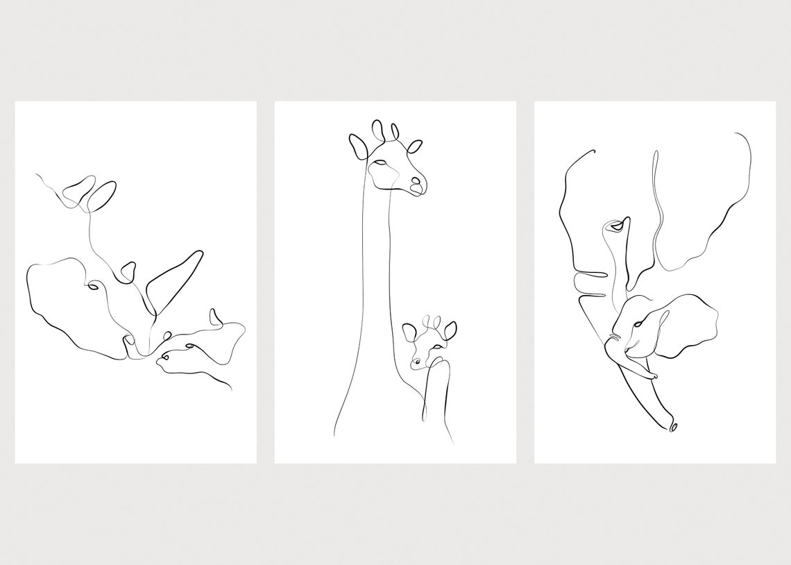 Set of 3 Nursery Wall Art Animal Print Line Drawing Safari - Etsy