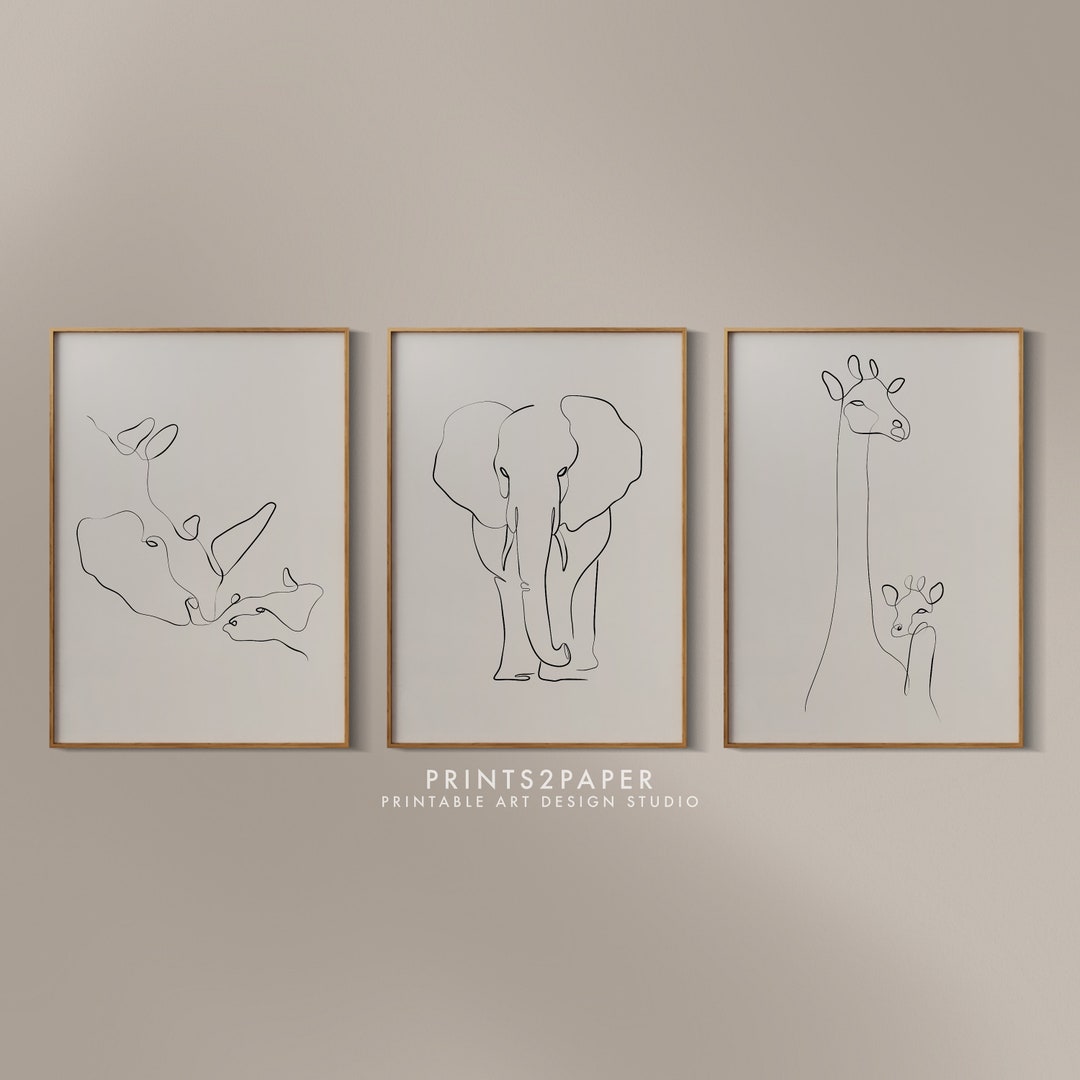 Set of 3 Nursery Wall Art Animal Print Line Drawing Safari - Etsy