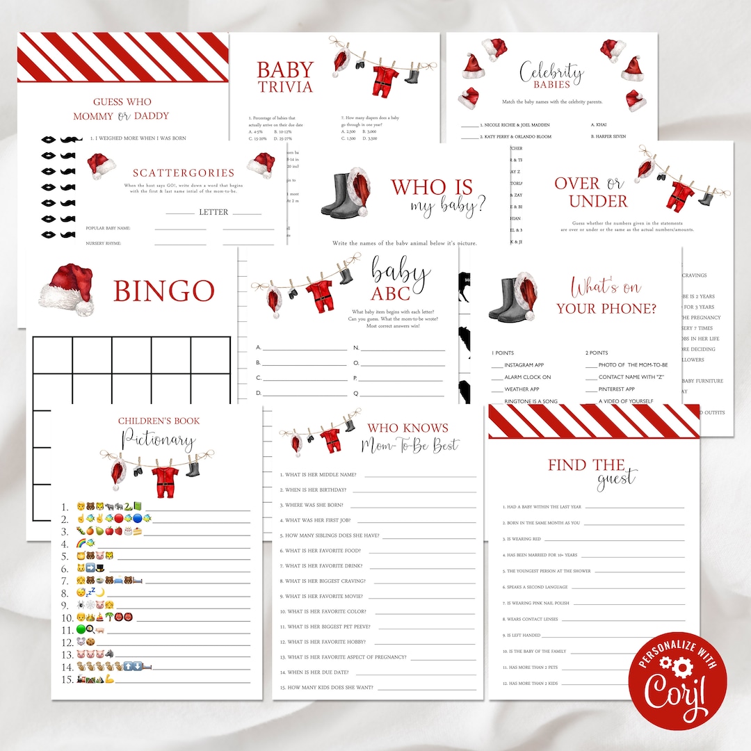 Santa Baby Shower Games Package, Christmas Self Edit Instant Download ...