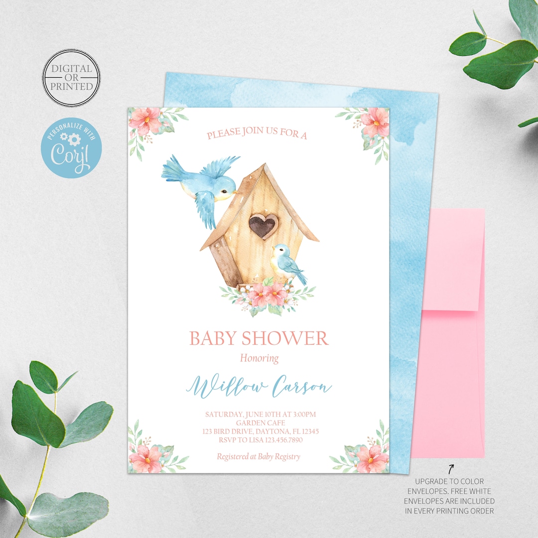 Bird Baby Shower Invitation | Watercolor Floral Digital or Printed - Etsy