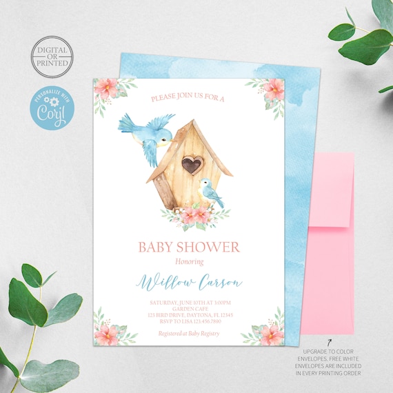 Bird Baby Shower Invitation | Watercolor Floral Digital or Printed by ...