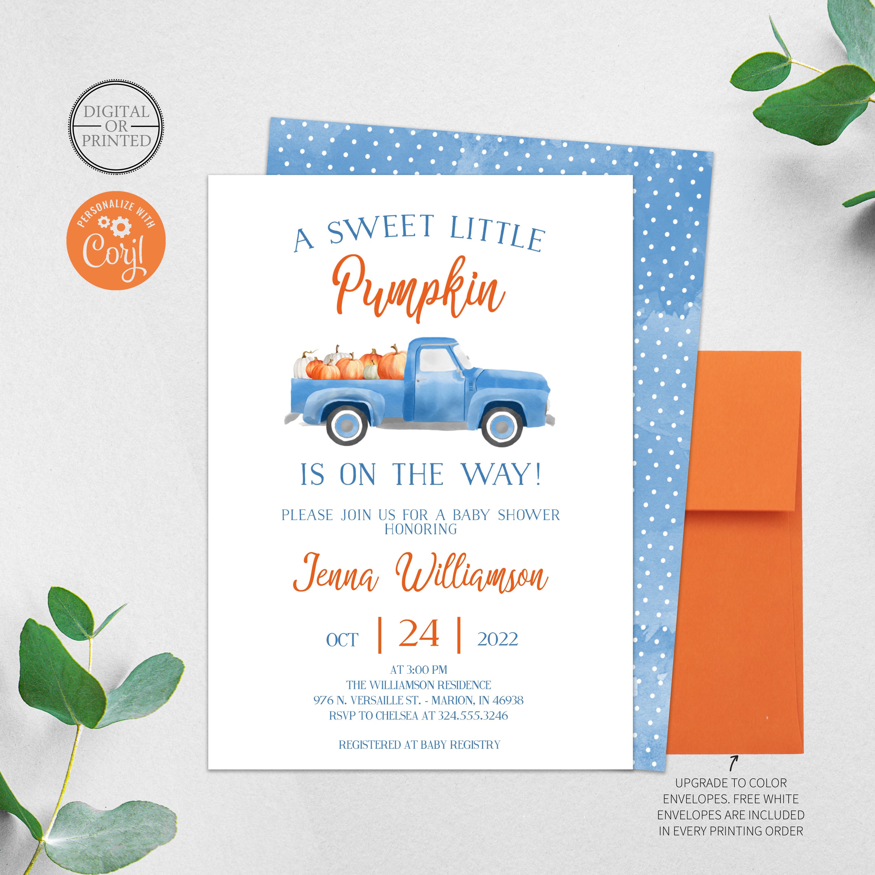 Fall Blue Truck Sweet Little Pumpkin Baby Shower Invitation - Etsy
