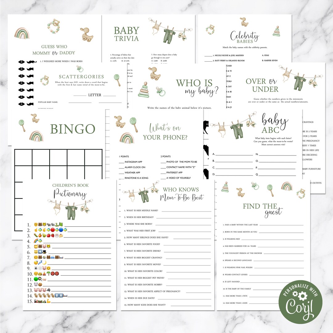 Baby Clothesline Baby Shower Games Package | Self Edit Instant Download ...