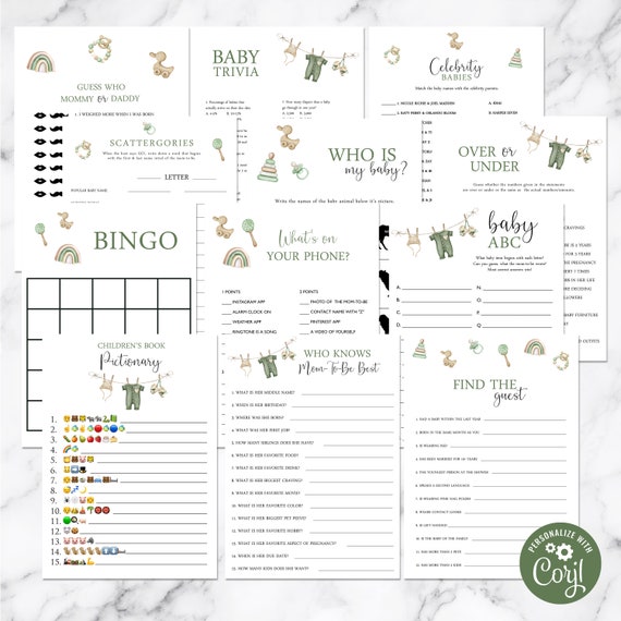 Baby Clothesline Baby Shower Games Package | Self Edit Instant Download ...